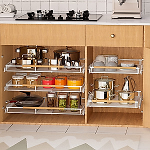 WEJIPP Pull Out Cabinet Organizer Expendable Slide Out Pantry Storage Shelves Heavy Duty Stainless Steel Shelf for Kitchen Bathroom Cabinet Pantry Closet Under Sink Divider Organization,2Packs