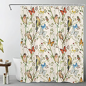 LB Floral Plant Shower Curtain Watercolor Flower Butterfly Hummingbird Beige Backdrop Boho Vintage Bathroom Decor with Hooks, Easy Care Polyester Fabric Bathroom Curtain 60x72 Inch