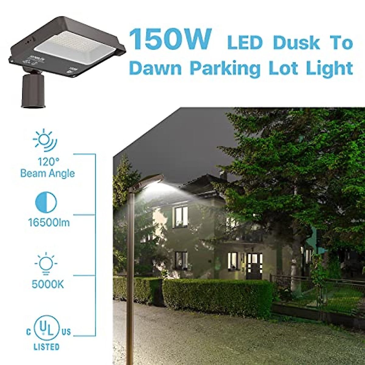 HYPERLITE LED Parking Lot Light 150W with Dusk to Dawn Photocell, 5000K Outdoor Commercial Area Lighting with UL Certified, IP65 Waterproof LED Pole Light with Adjustable Slip Fitter mounting