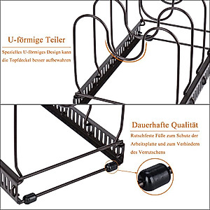 Toplife Pots and Pans Organizer Rack for Cabinet and Countertop, 10+ Pot Lids, Bakeware and Cookware Organizer Rack Holder with 10 Adjustable Compartments - Brown