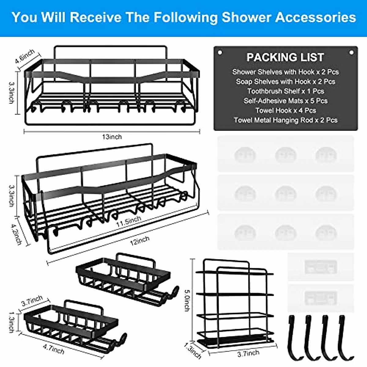 MEINV 5 Packs Shower Caddy Shelves, Black Self Adhesive Shower Shelf Organizer with Hooks and Towel Rod, Wall Mounted Rustproof Stainless Steel Inside Shower Racks No Drilling for Bathroom Kitchen