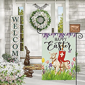 AVOIN colorlife Happy Easter Lamb of God Garden Flag 12x18 Inch Double Sided Outside, Hunt Meadow with Cross Floral Pascha Yard Outdoor Decoration
