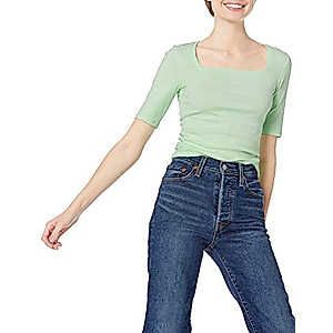 Amazon Essentials Women's Slim-Fit Half Sleeve Square Neck T-Shirt, Green, Medium
