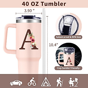 Gooddooes Monogrammed 40oz Tumbler With Handle for Women, Personalized Birthday Gift, Initial Cups Floral Letter A, Customized Lady Gift for Mother's Day Christmas