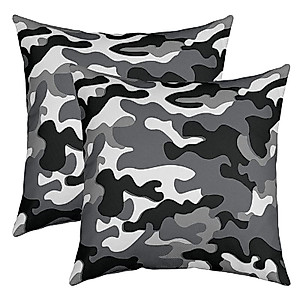 Pack of 2 Camo Grey Black White Decorative Throw Pillow Covers, Soft Camouflage Square Cushion Case Set for Couch Sofa Bedroom Living Room, Military Style Pillow Cases Pillowcases, 18x18 Inches