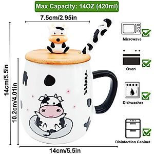 SZHTSWU Cute Animal Coffee Mug with Lid and Spoon, 420ml Cow Ceramic Coffee Cup, Breakfast Cups, Kawaii Drinking Cup with Handle for Latte, Milk, Cereal, Beverages (Happy Cow)