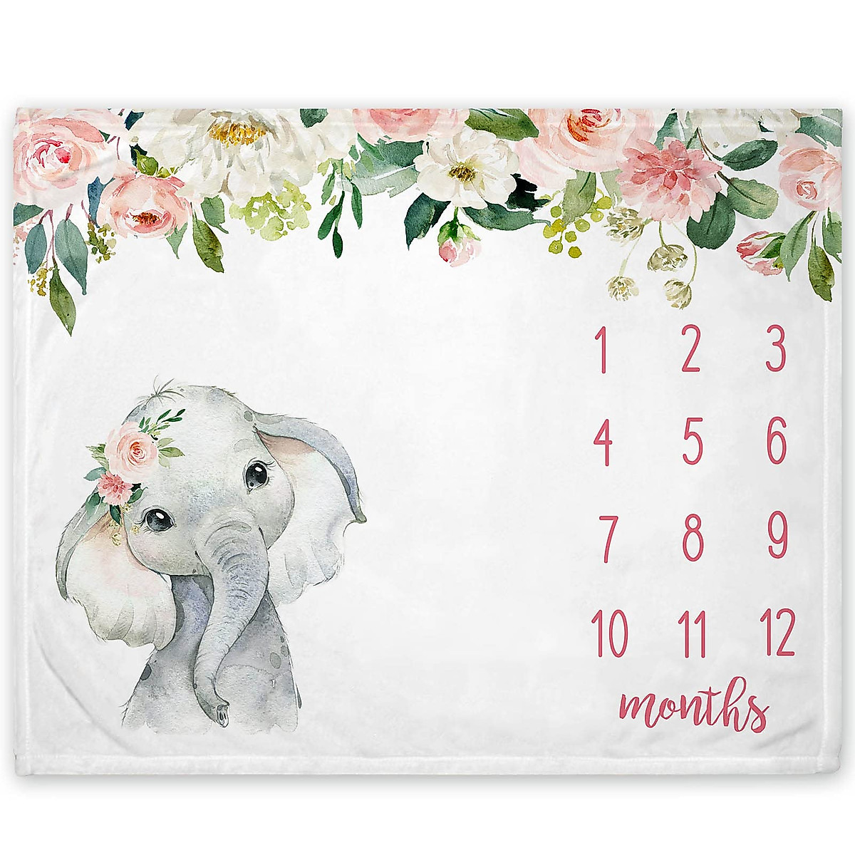 Popfavors Floral Elephant Baby Monthly Milestone Blanket, Jungle Elephant Girl's Soft Fleece Monthly Milestone Blanket , Girl Elephant Nursery Infant Newborn, Includes Marker (White, 50x40 inch )