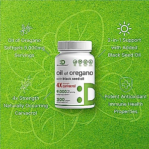 DEAL SUPPLEMENT Oil of Oregano Softgels with Black Seed Oil, 9,000mg Per Serving, 300 Count – 30:1 Extract, Active Carvacrol & Thymoquinone – Antioxidant Immune Health Support – Plant Based, Non-GMO