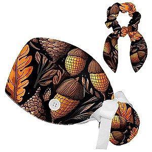 Thanksgiving Acorn Working Cap with Button Sweatband Adjustable Tie Back Bouffant Hats with Scrunchie