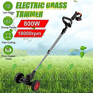 Weed Wacker, 21V Electric Cordless Weed Eater Lightweight Grass Trimmer/Lawn Edger/Mower/Brush Cutter with 21V/2.0Ah Battery, Push Wheeled Weed Brush Cutter No String Trimmer for Yard and Garden