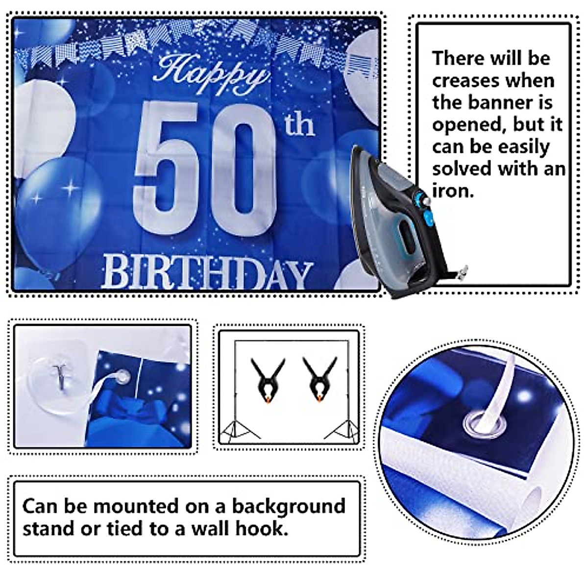 4 x 6ft Happy 50th Birthday Party Decorations Banner Blue and Silver - Cheers to 50 Years Anniversary Photo Booth Backdrop party Supplies for Girls and Boys