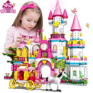 HOGOKIDS Girls Castle Princess Building Toys - Girl Dream House 5-in-1 Pink Castle & Carriage Playsets STEM Building Blocks Set Fantasy Gifts for Kids Age 6 7 8 9 10 11 12 Years Old (998 PCS)