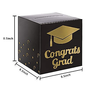 Graduation Card Box Holder, Congrats Grad Foldable Cardboard Decorations Box for Graduation Party Decoration and Grad Parties (Black)