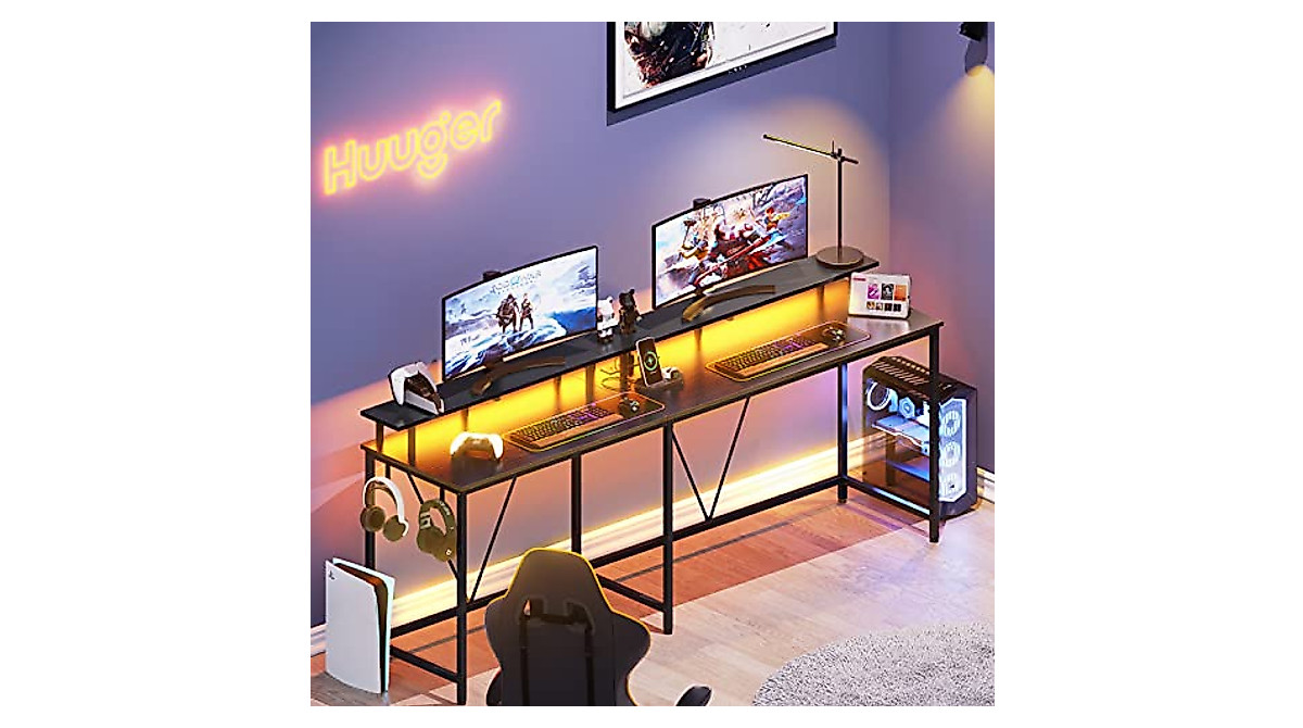 Huuger L Shaped Gaming Desk with LED Lights & Outlets