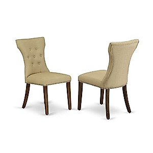 East West Furniture DMGA3-AWA-03 3 Piece Dinette Set for Small Spaces Contains a Round Dining Table with Dropleaf and 2 Brown Linen Fabric Parsons Dining Chairs, 42x42 Inch, Walnut