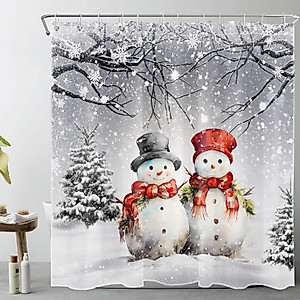 LB Christmas Snowman Shower Curtain Winter Scene Cute Snowman with Pine Tree Covered Snow Bathroom Shower Curtain Snowflake Bathroom Decor with Hooks 72Lx72W Inch Waterproof Polyester Bath Curtain