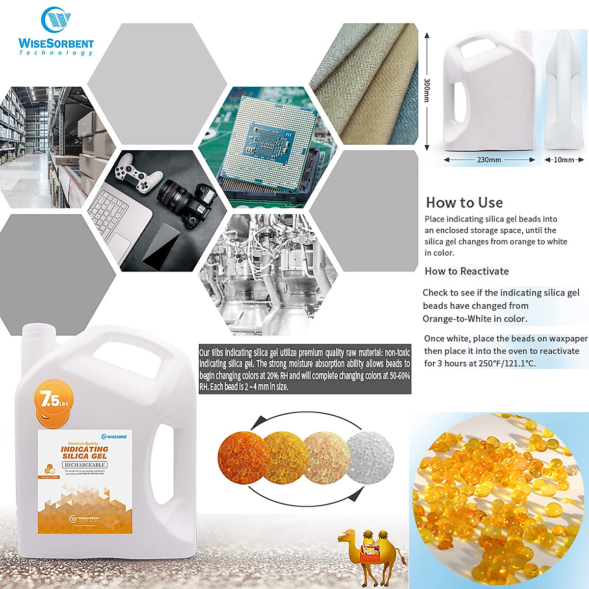 Wisesorb 7.5 LBS Indicating Silica Gel (Orange to White), Reusable Dehumidifiers Desiccant Moisture Absorbers