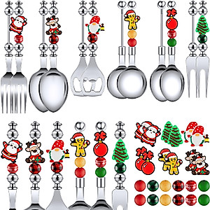 Gisafai 12 Sets Christmas Beadable Spoon Fork Set Beadable Items Christmas Kitchen Utensils Xmas Cutlery Bead Dessert Spoon for Christmas Party Favor Supplies