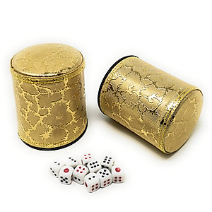 Asian Home Thy Collectibles Dice Cup with 5 Dices, PU Leather Professional Dice Shaker Cup Set for Yahtzee/Craps/Backgammon or Other Dice Games Golden, 2 Pack