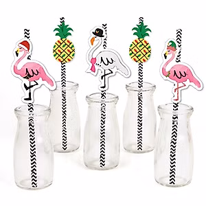 Big Dot of Happiness Flamingle Bells - Paper Straw Decor - Tropical Flamingo Christmas Party Striped Decorative Straws - Set of 24