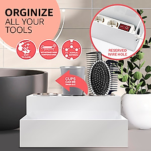 Levitural Premium Acrylic Hair Tool Accessories Organizer Stand – Portable Hair Dryer, Brush, Straightener, Curling Iron Holder Countertop and Storage for Bathroom Vanity Cabinet (White)