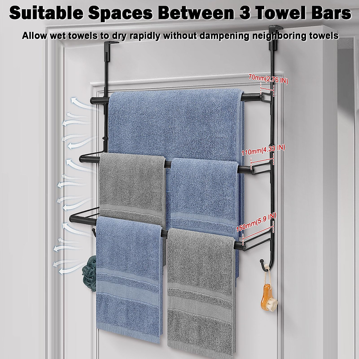 Livabber 3-Tier Over The Door Towel Rack, All Metal Towel Rack with Hooks for Door Hanging, Behind Door Towel Bar Towel Storage Holder for Bathroom Accessories, 22.83" L x 5.9" Wx 24.4" H (Black)