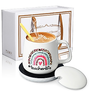 Hushee Lady Coffee Mug Warmer for Women 13.5 Oz Cup Warmer with Mug Set Electric Tea Water Warmer Appreciation Cup Heater with Lid Spoon and Coaster for Desk Office Home Birthday Gifts (White)
