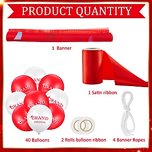 42 Pieces Grand Opening Decorations Kit Includes 1.5 x 9.8 ft Grand Opening Banner 40 Balloons and Satin Ribbon for Events Inaugurations Ceremonies (Red, White)