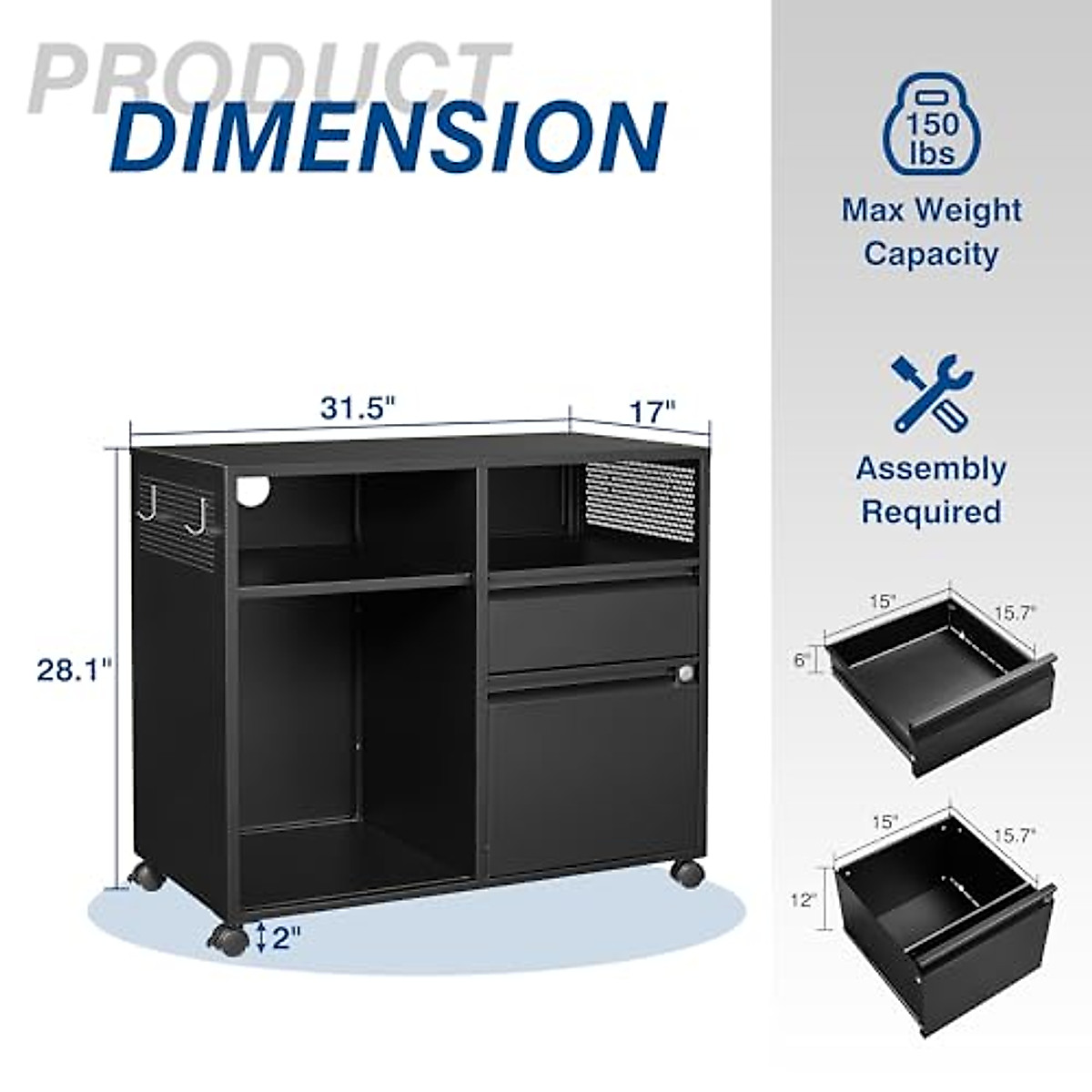 Fesbos Metal File Cabinet with Shelves & 2 Lockable Drawers - Home Office Black Lockable Lateral Filing Cabinet for Hanging Files Letter/Legal/F4/A4 Size - Assembly Required