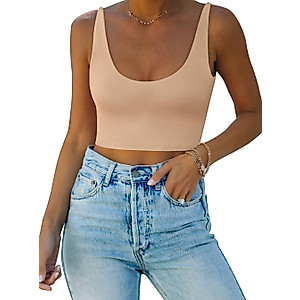 REORIA Women's Summer Sexy Casual Deep Scoop Neck Double Lined Adjustable Spaghetti Strap Cami Camisole Seamless Sleeveless Cropped Tank Top Cute Yoga Crop Tops Nude Small