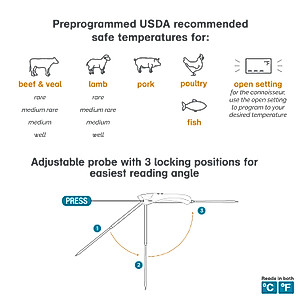 Polder Safe Serve Instant Read Thermometer, 10 Inch Probe, Built-in Torch Light, Grilling, Outdoor Meat Thermomter (Stainless)