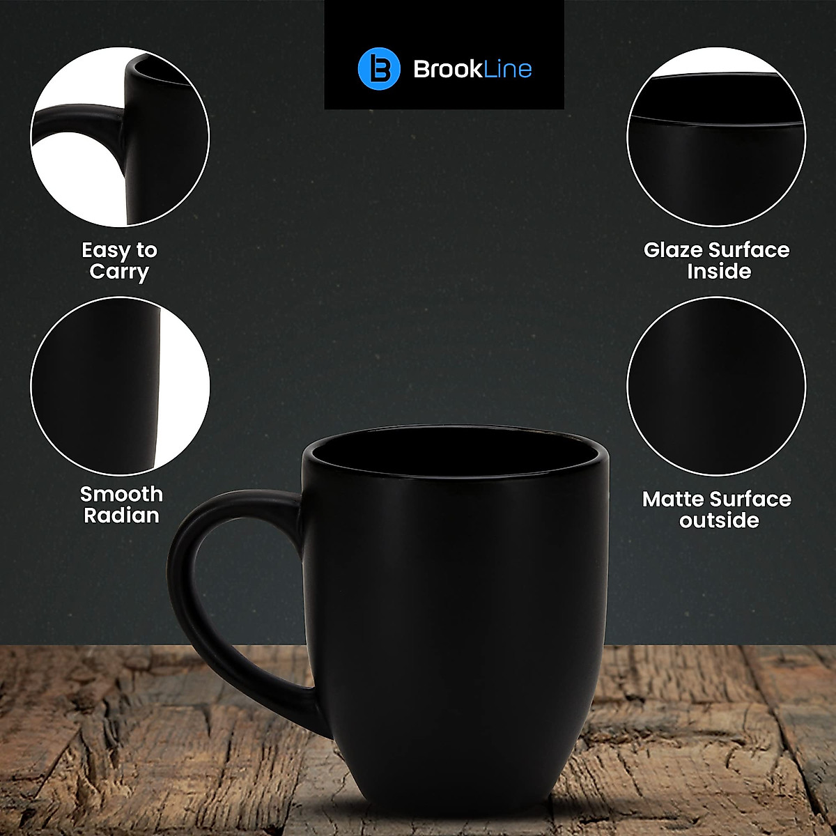 Brookline Ceramic Coffee Mug 16OZ - Tea Mug with Handle, Espresso Cups - Excellent Choice for Camping, Travel & Office - Great Gift Idea (Black, 4)