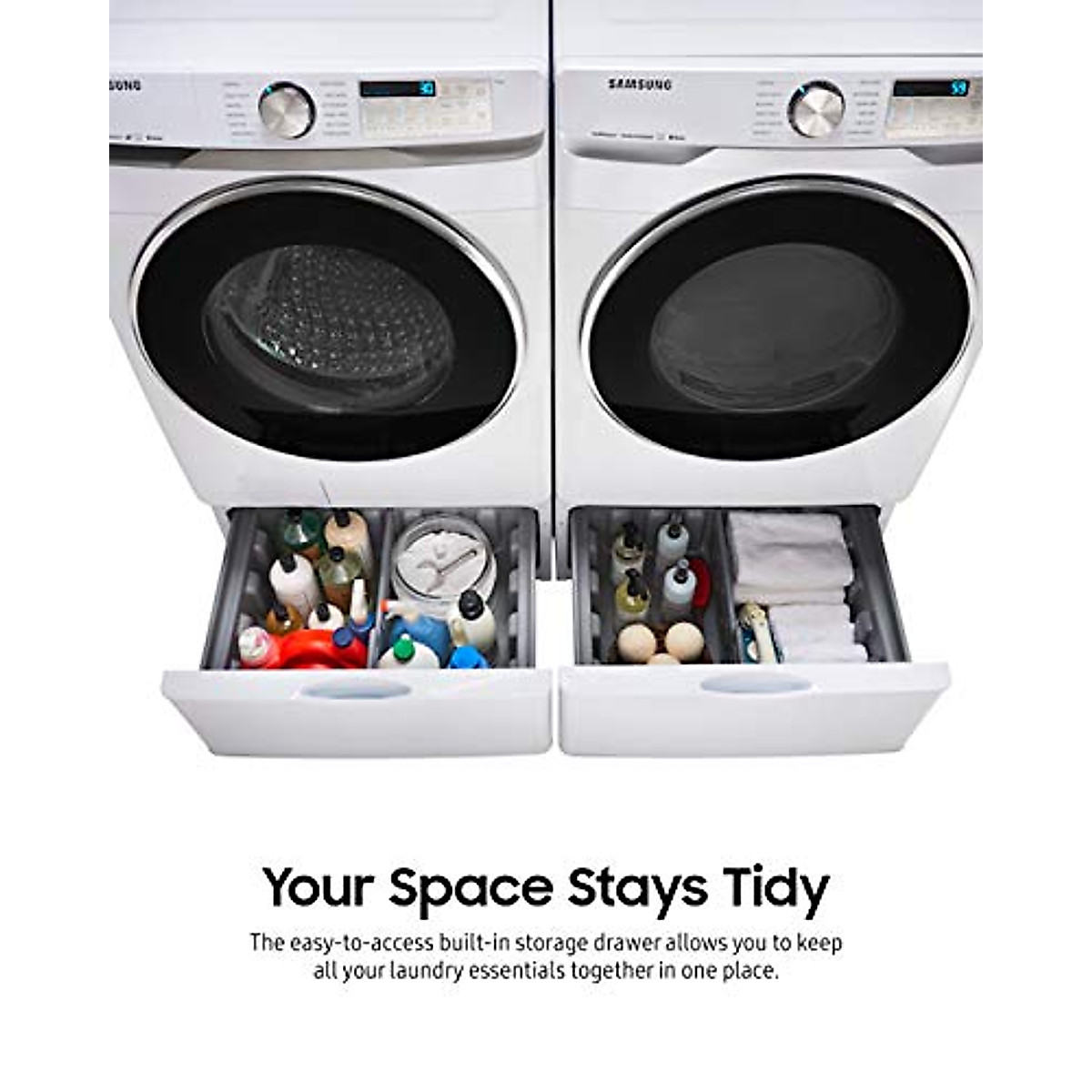 SAMSUNG 27-Inch Washer Dryer Pedestal Stand w/ Pull Out Laundry Storage Drawer, Stainless Steel, WE402NW/A3, White