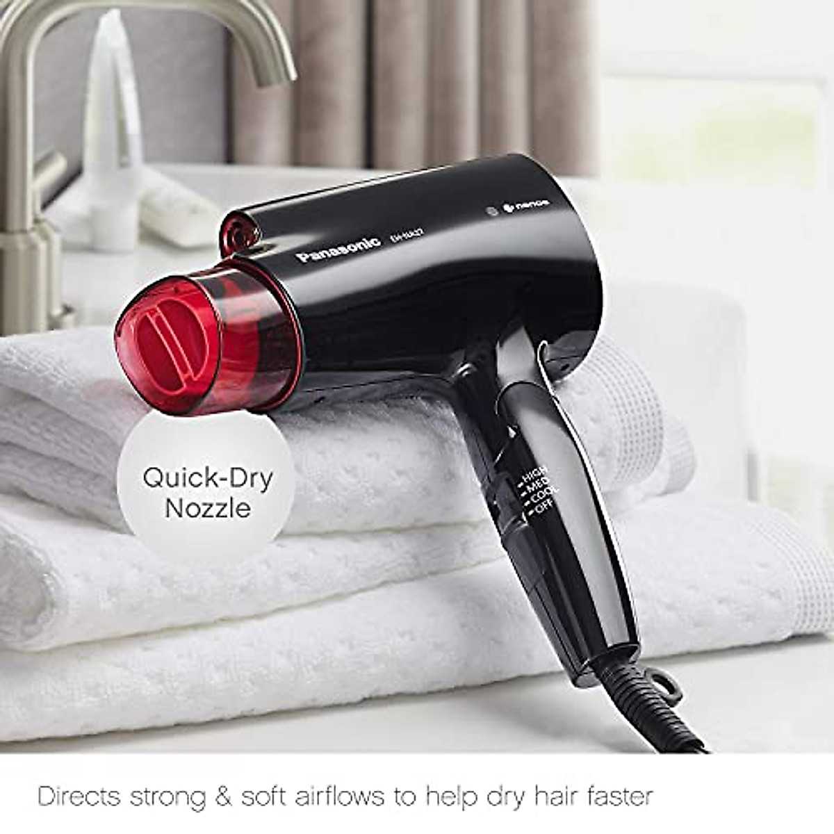 Panasonic nanoe Compact Hair Dryer for Healthy-Looking Hair, 1400W Portable Hair Dryer with Folding Handling and QuickDry Nozzle for Fast Drying – EH-NA27-K (Black/Pink)