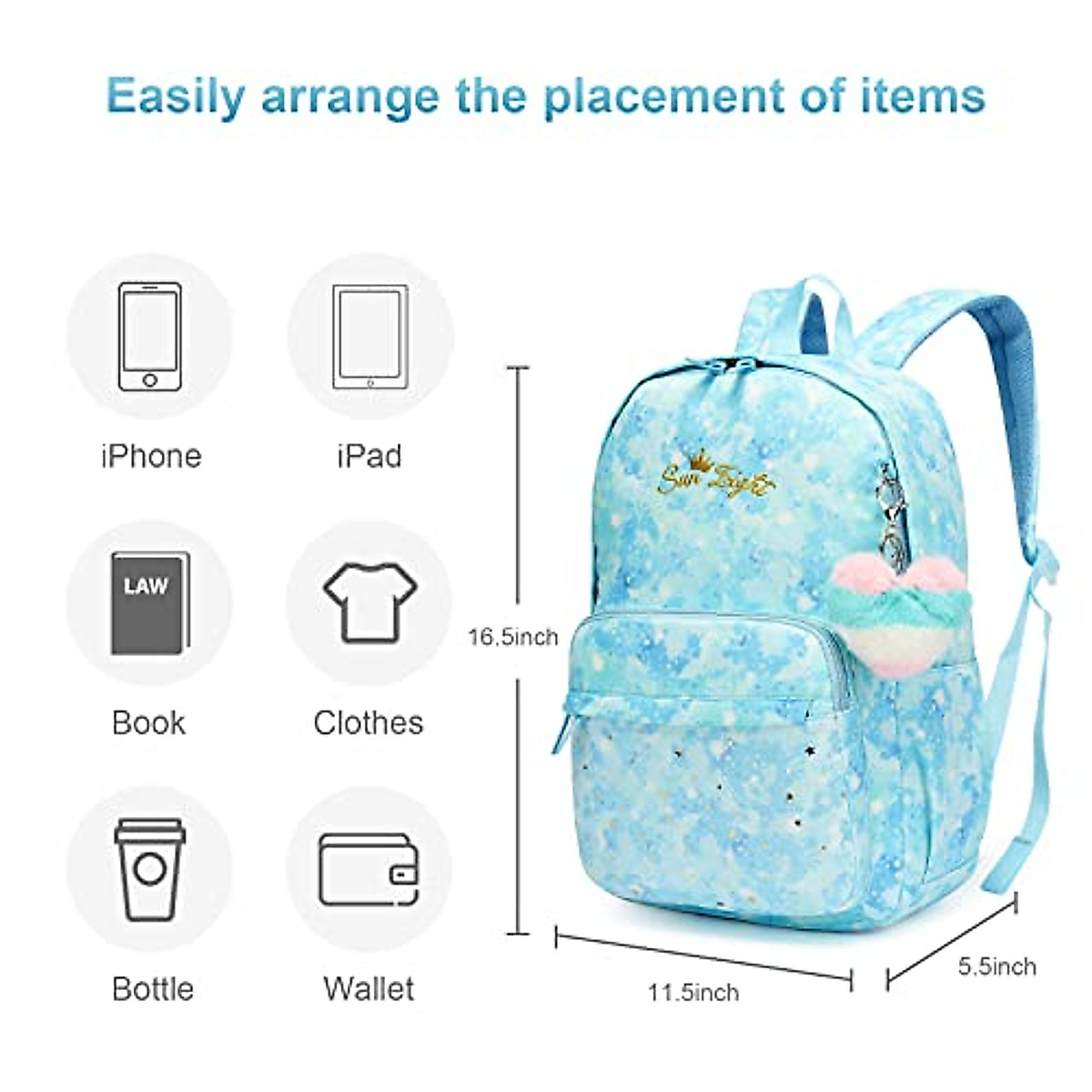 Caran·Y Waterproof Girls Backpack for Kids in Elementary School bag Large space Love decoration Starry pattern Fit Over 6 years old Backpack for Toddler Girls Book Bag（Aqua Blue）