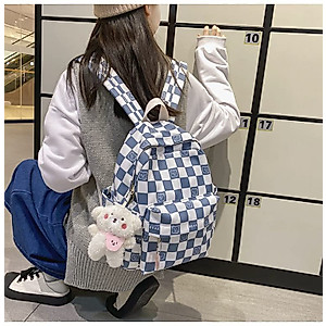 Kawaii Plaid Mini Backpack with Plush Bear Pendant for Girl Small Medium School Bag (Light Blue)