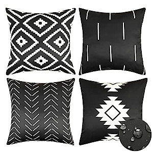 Adabana Set of 4 Outdoor Waterproof Throw Pillow Covers 18x18 Decorative Pillows Case for Patio Furniture Garden(Black-Boho)