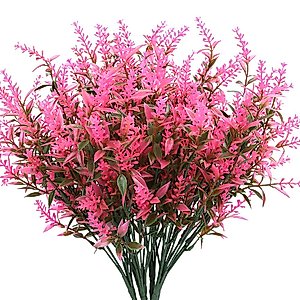 KLEMOO Artificial Lavender Flowers Plants 8 Pieces, Lifelike UV Resistant Fake Shrubs Greenery Bushes Bouquet to Brighten up Your Home Kitchen Garden Indoor Outdoor Decor(Pink)