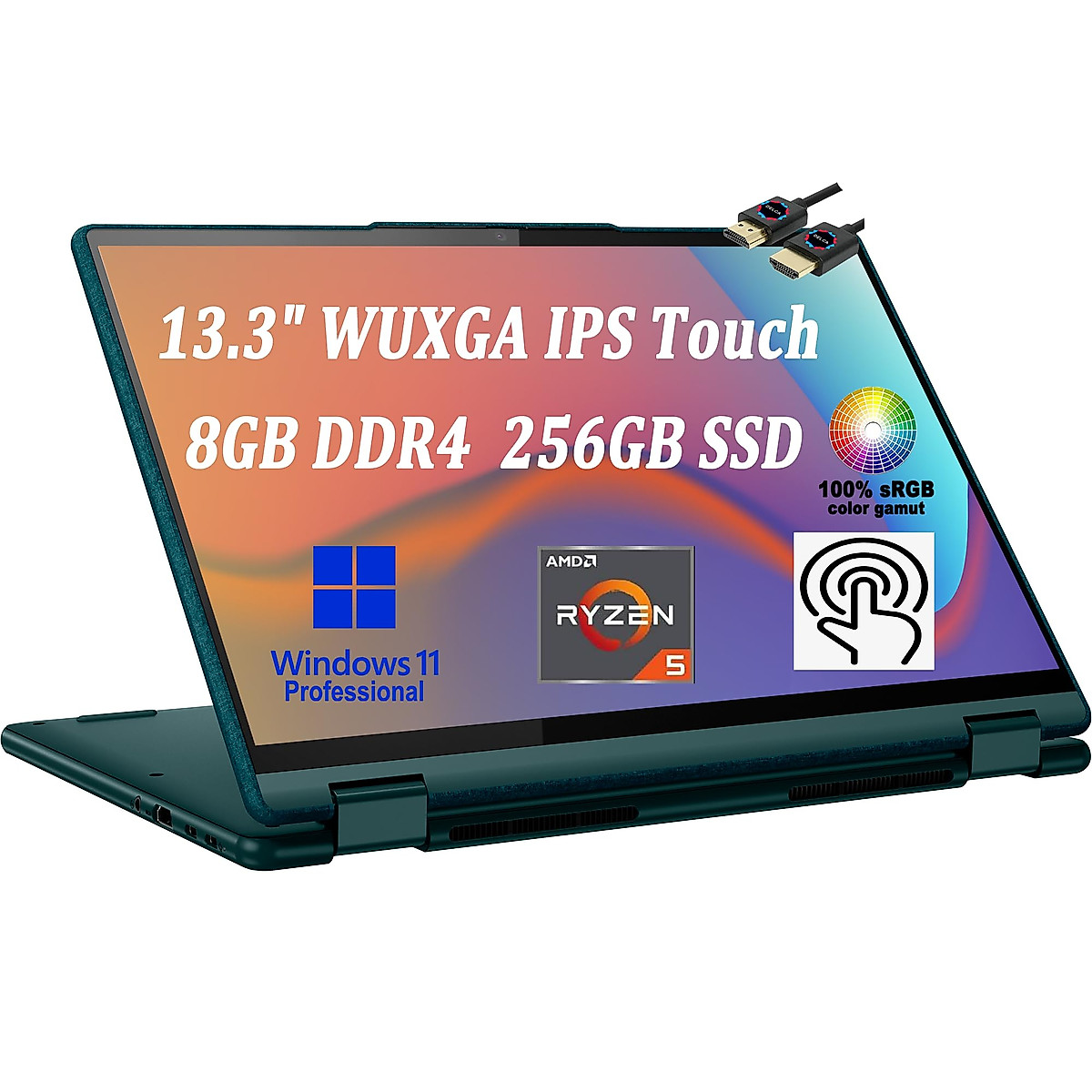 Lenovo Yoga 6 13 2-in-1 Laptop I 13.3" WUXGA IPS 100% sRGB Touchscreen I AMD 6-Core Ryzen 5 5500U (>i7-10510U) I 8GB DDR4 256GB SSD I Backlit Fingerprint HDMI Win11 Pro Dark Teal + HDMI Cable