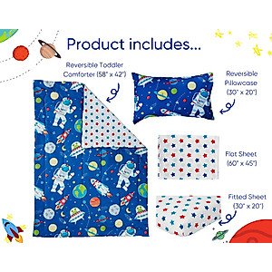 Bloomsbury Mill - 4 Piece Toddler Comforter Set - Outer Space, Rocket & Planet - Blue - Kids Bedding Set