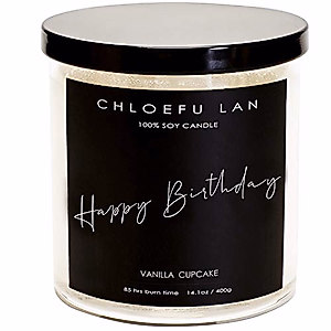 Chloefu LAN Happy Birthday Vanilla Cupcake Sugar Sweet Scented Soy Wax Candle for Home | 14.1 oz Clear Glass Jar, 100 Hour Burn Time Highly Scented & Long Lasting Burning All-Natural Organic Candle