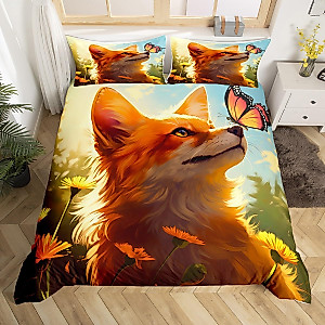 Cartoon Fox Bedding Set,Watercolor Fox Comforter Cover Set for Teens Women Room Decor,Butterfly Flowers Duvet Cover Breathable Sunshine Bedspread Cover Full Size