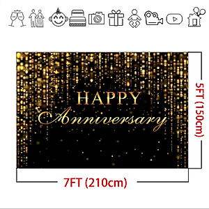 Mocsicka Black and Gold Happy Anniversary Backdrop Gold Glitter Bokeh Spot Wedding Anniversary Bridal Shower Party Decorations Cheers to Wedding Miss to Mrs Photography Background (Gold, 7x5ft)