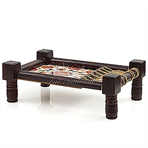 Traditional Decorative Asian Cot Tray for Snacks & Drinks | North Indian Decorative Wooden Coat Decor Accent (Floral Red)