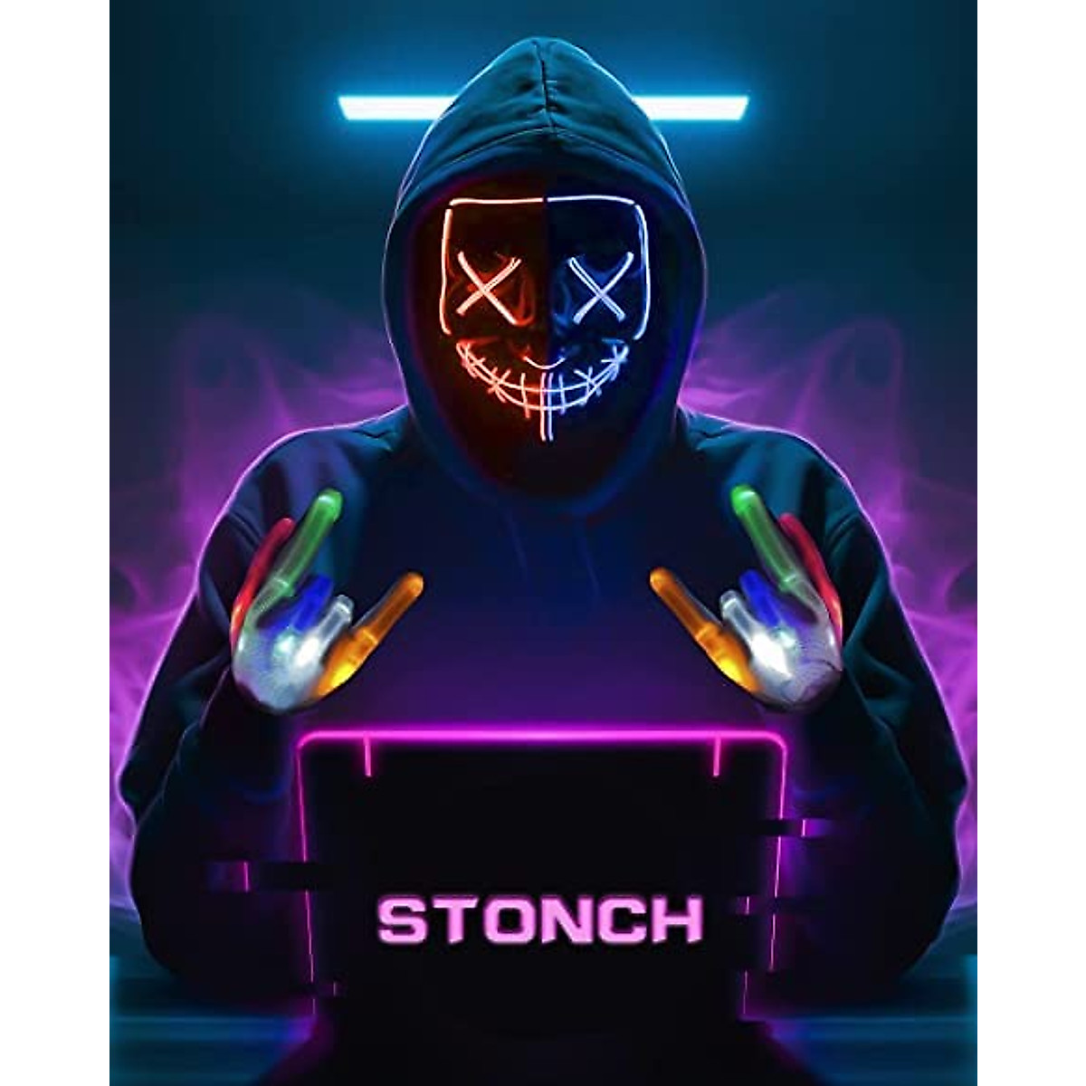 STONCH Halloween Mask Skeleton Gloves Set, 3 Modes Light Up Scary LED Mask with LED Glow Gloves, Halloween Decorations Anonymous Carnival Costumes glow purge Masks ​Gift for Boys Girl