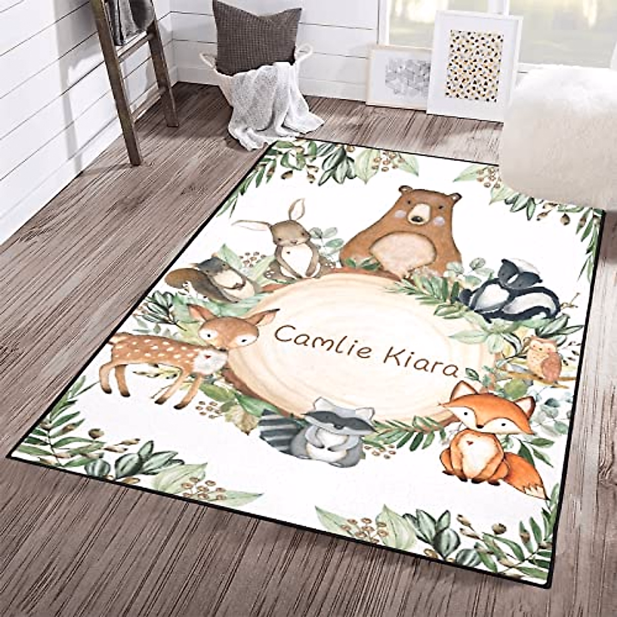 Woodland Animals Personalized Polyester Fiber Non-Slip Home Decor Carpets,Custom Area Rug Carpet Floor Mat for Bedroom Living Room Home Playroom Size 4'x5.2'