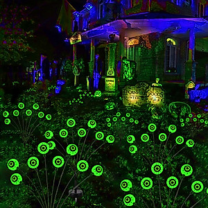 Halloween Solar Light Outdoor Decorations,2 Pack Solar Lights with 16 Treat Eyeballs,Swaying Firefly Light for Halloween Outside Patio Path Yard Decor (Green)