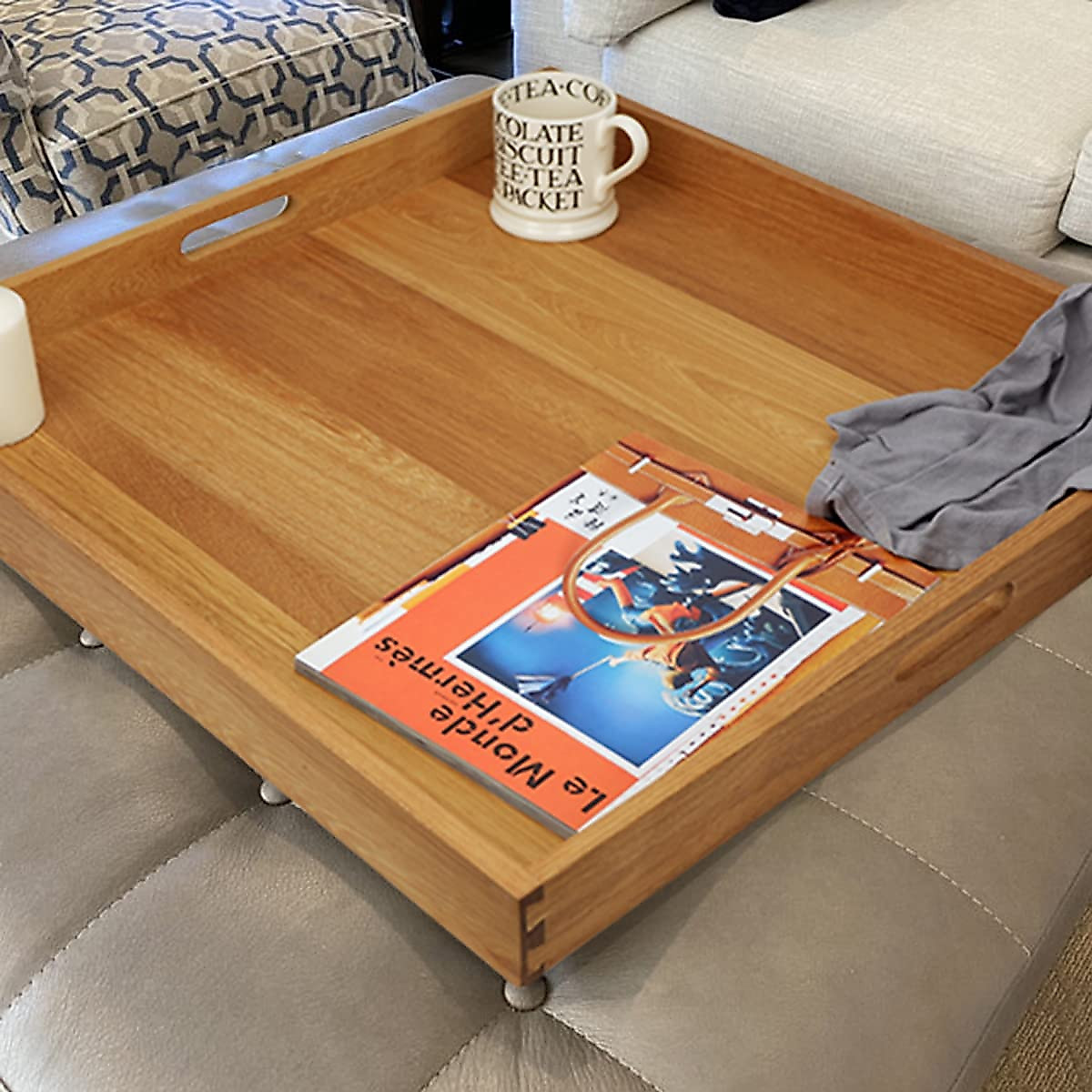 Rysowda Large Square Teak Wood Ottoman Tray with Handles - 24x24 Inch Wooden Decorative Serving Tray for Coffee Table and Home Decor