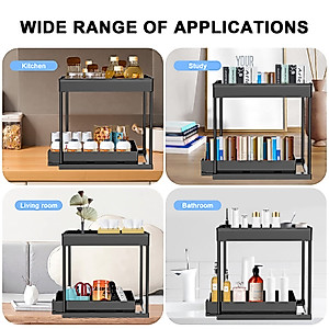 FGSAEOR 2-Tier Under Sink Organizer with Sliding Storage Drawer, Multi-Purpose Bathroom Cabinet Organizer Baskets, Kitchen Under Sink Storage Rack with 4 Hooks and Handle (Sliding-Black)