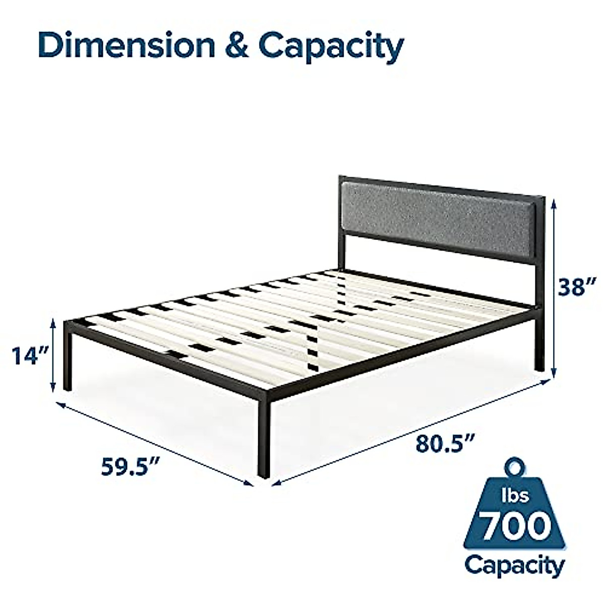 ZINUS Korey Metal Platform Bed Frame with Upholstered Headboard / Wood Slat Support / No Box Spring / Easy Assembly, Queen